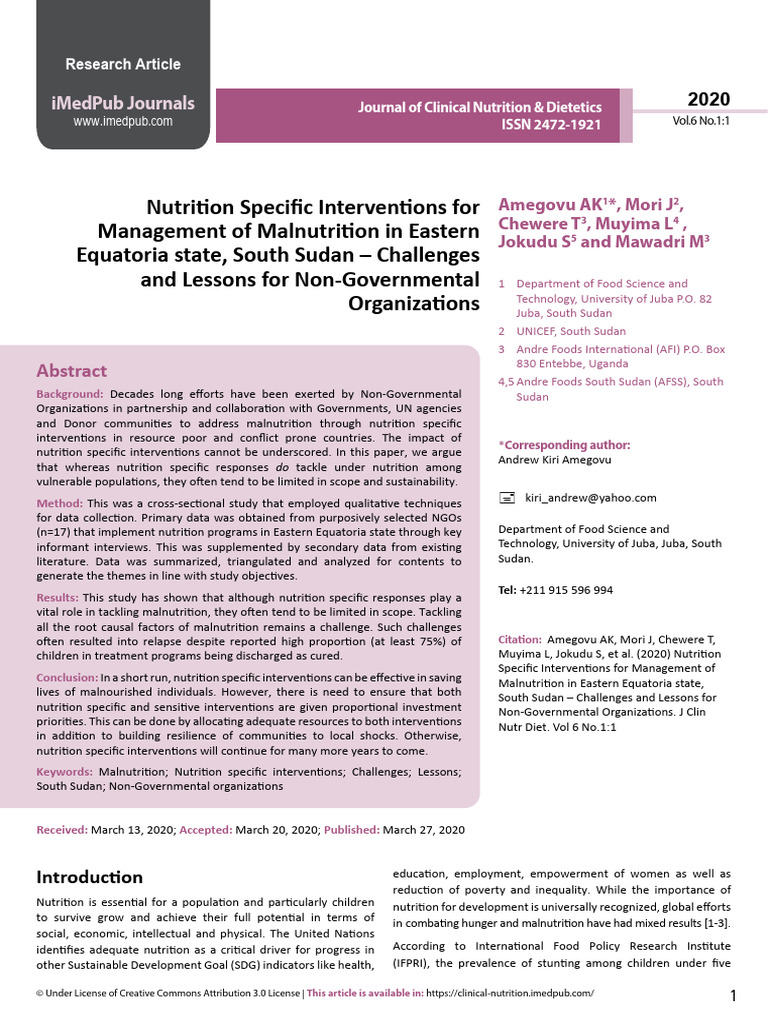 Nutrition Specific Interventions For Management of Malnutrition in ...