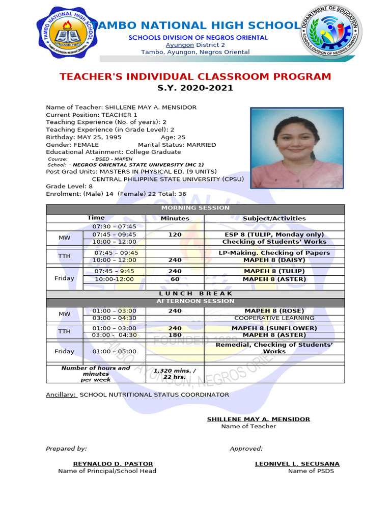 Teacher's Classroom Program 2020-2021 | PDF | Teaching | Learning