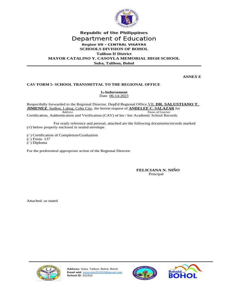 CAV Form 5 Submission for Learner Records | PDF