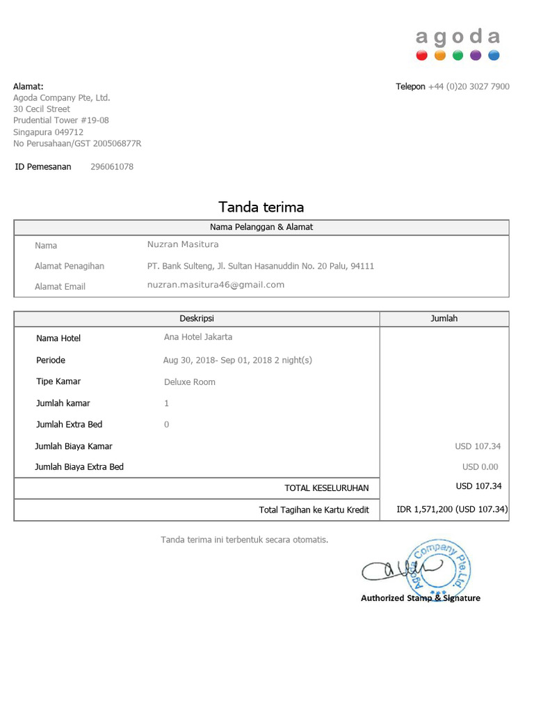 ID - Pemesanan - Agoda - 271836733 - BUKTI - PEMBAYARAN - Terlampir | PDF