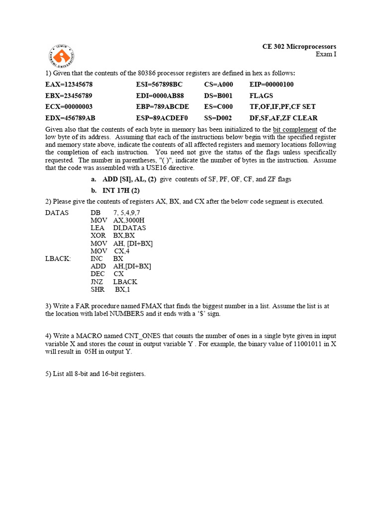 CE 302 Microprocessors Exam I Guide | PDF