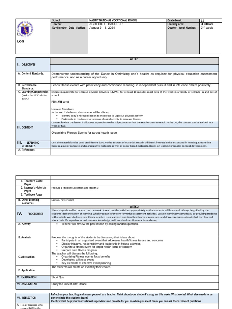 DLL Pe3 Week 1 (History of Dance) Sy 24-25 | PDF | Learning | Physical Education