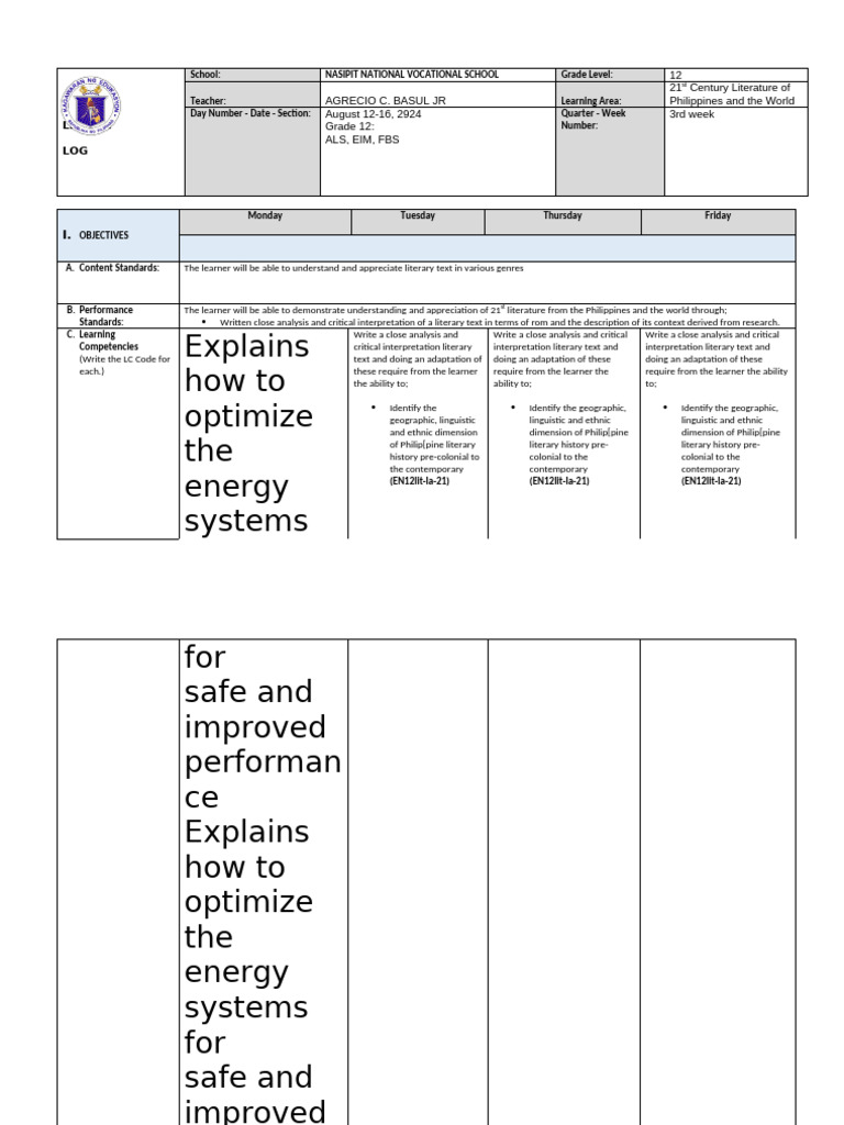 Grade 12 Literature Lesson Plan | PDF | Teachers | Learning