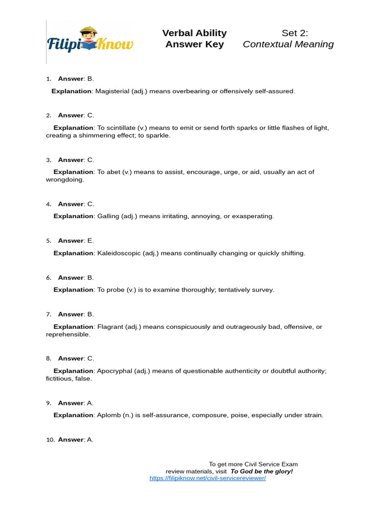 Verbal Ability Answer Key Set 2 1 | PDF | Chess Theory | Chess