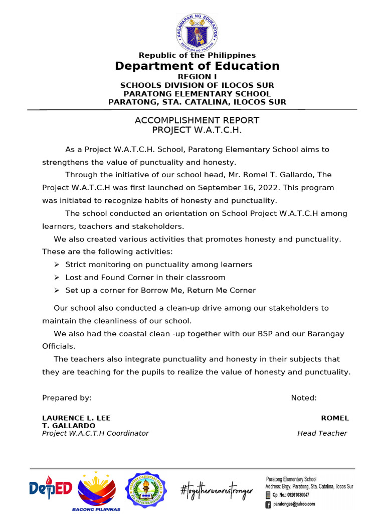 Accomplishment Report Project WATCH | PDF