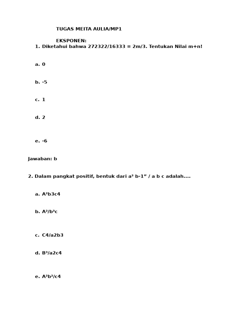 Tugas Meita Aulia/Mp1 Eksponen: 1. Diketahui Bahwa 272322/16333 2m/3. Tentukan Nilai M+N! | PDF