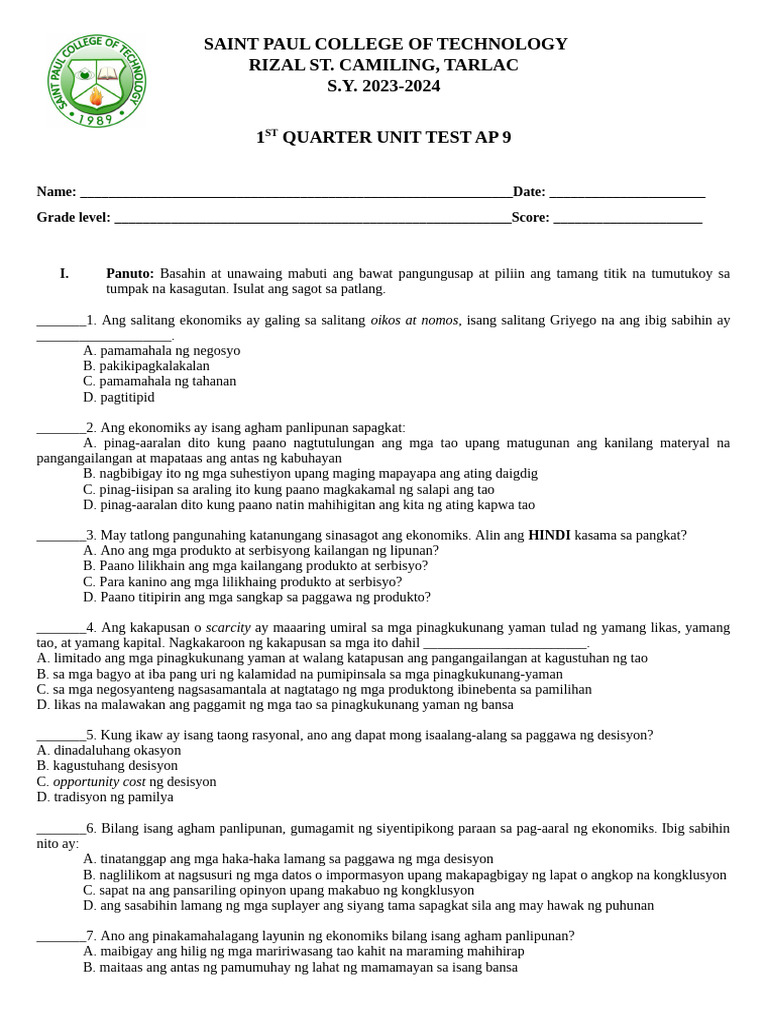 Unit Test AP Grade 9 | PDF