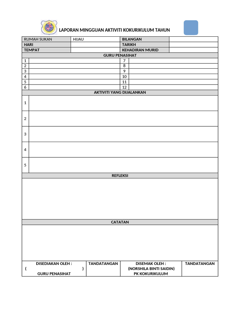 Laporan Aktiviti Mingguan Kokurikulum 2024 | PDF