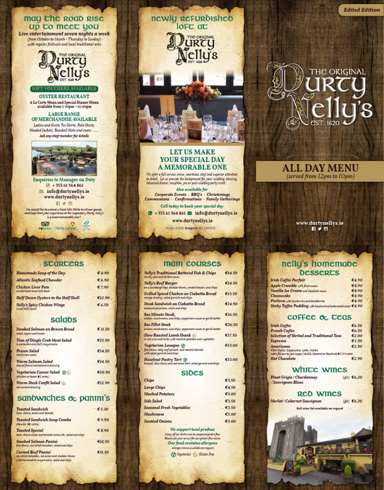 Durty Nelly's Menu Overview | PDF | Salad | Sauce