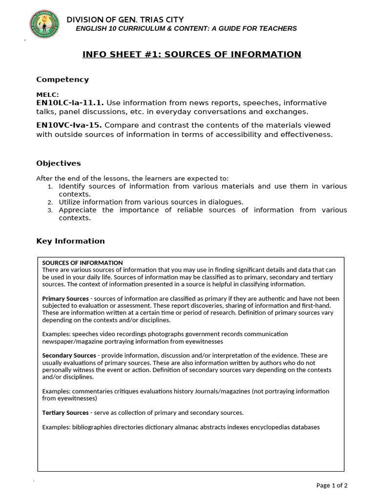 INFO SHEET Grade 10 Lesson1 | PDF | Information | Curriculum