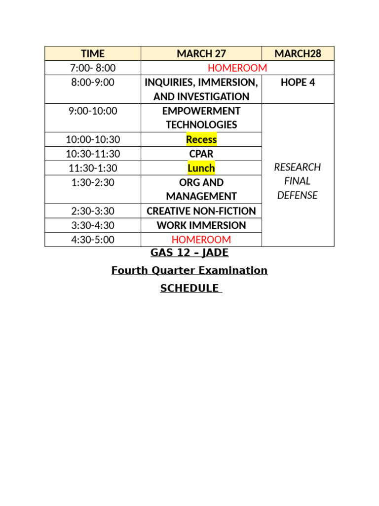 Fourth Quarter Exam Schedule 2023 | PDF