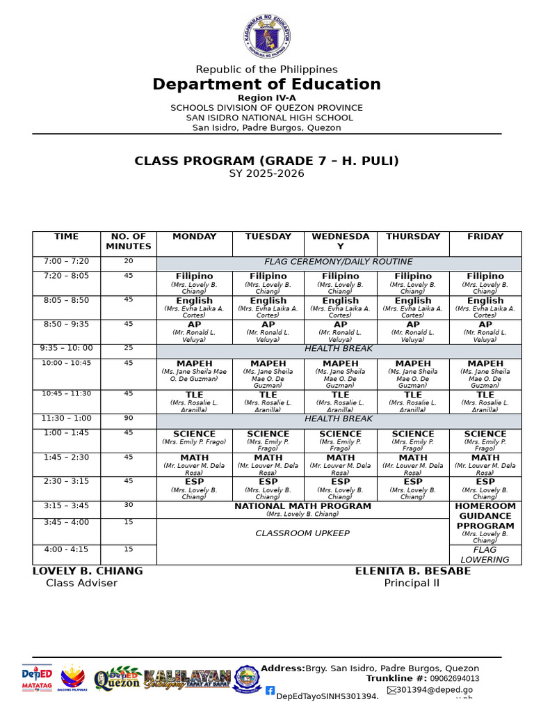 Class and Teachers Schedule 2024 2025 | PDF | Government | Public Administration