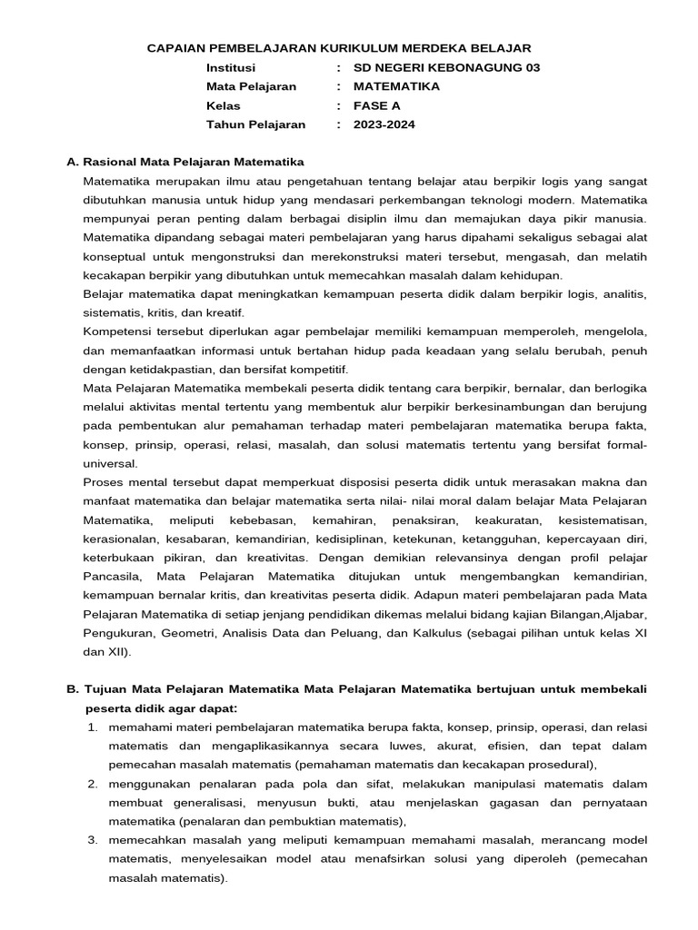 CP Matematika Fase A | PDF