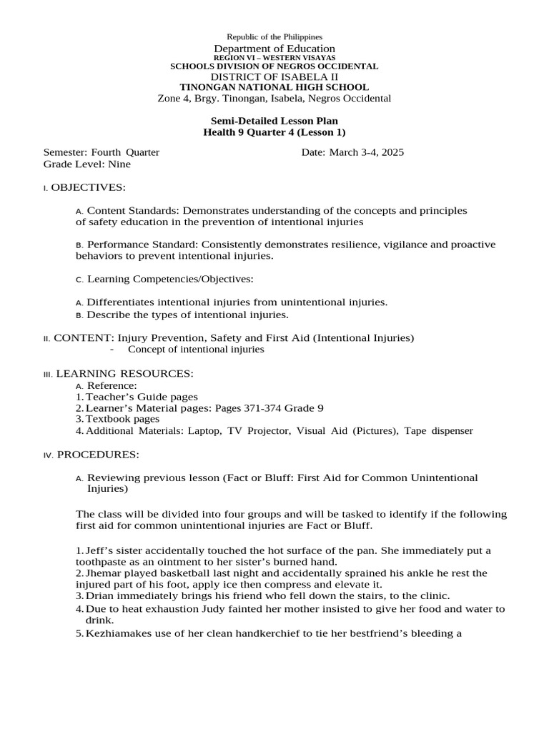 Health 9 Lesson Plan: Intentional Injuries | PDF | Learning