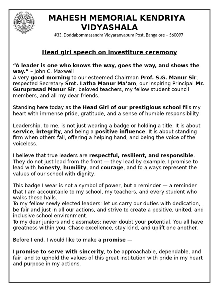 Head Girl's Investiture Speech | PDF