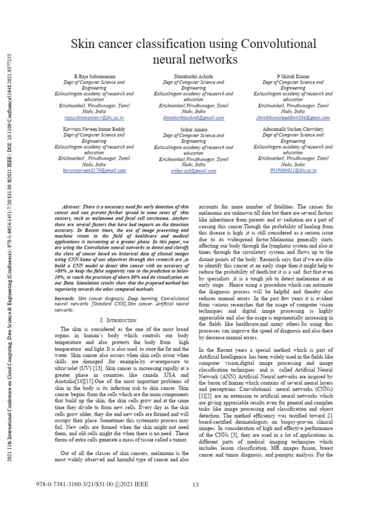 Skin Cancer Classification Using Convolutional Neural Networks | PDF | Machine Learning | Deep ...