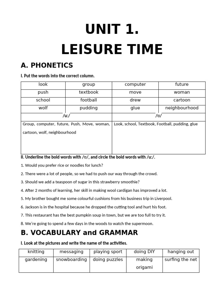 Bài Tập Tiếng Anh 8 Global Succes Mlh - Htu Unit 1. Leisure Time | PDF | Leisure | Origami