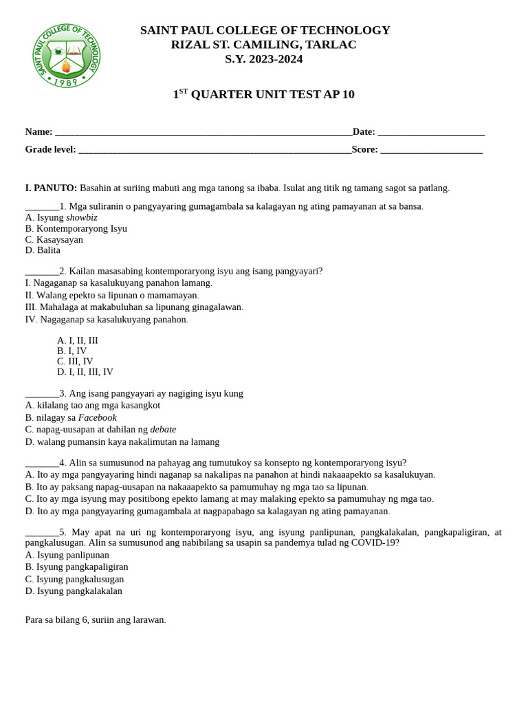 Unit Test AP Grade 10 | PDF
