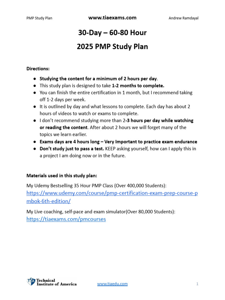 2025 30 Day Study Plan For PMP | PDF | Project Management Professional | Agile Software Development