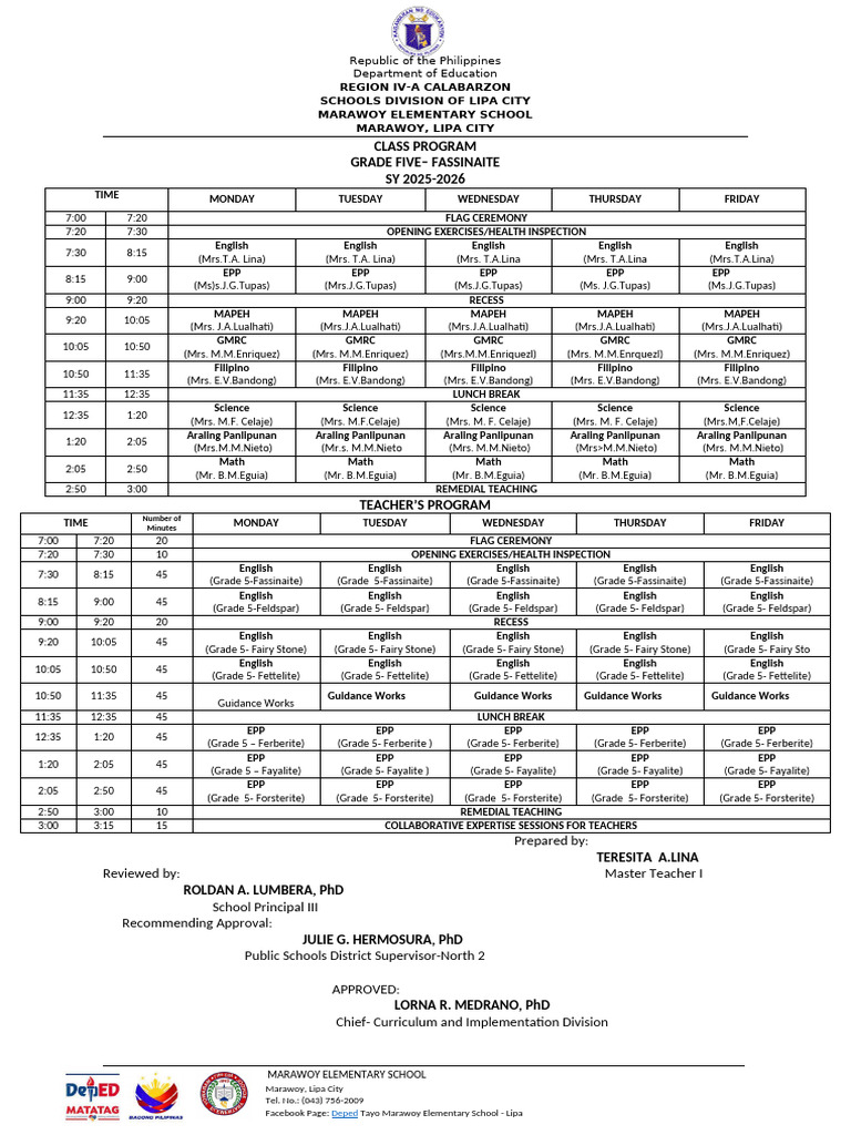 Grade 5 Class Program SY 2025-2026 | PDF | Government | Public ...