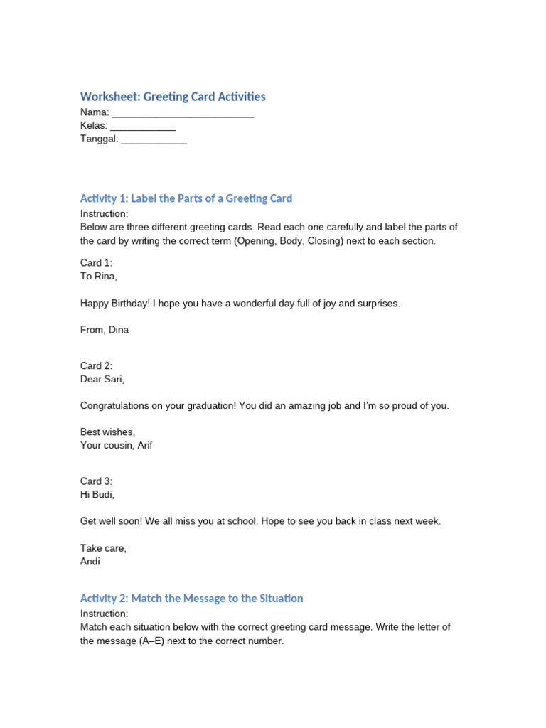 Greeting Card Activity Worksheet | PDF