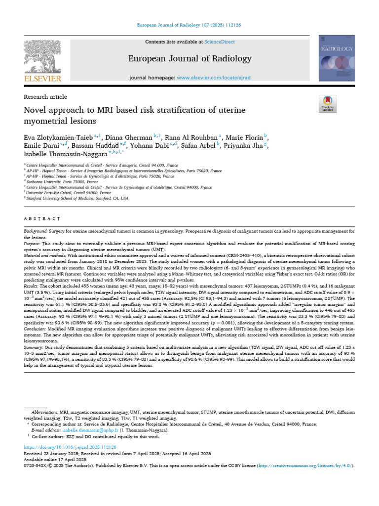 MRI Based Risk Stratification of Uterine Myometrial Lesions | PDF | Magnetic Resonance Imaging ...