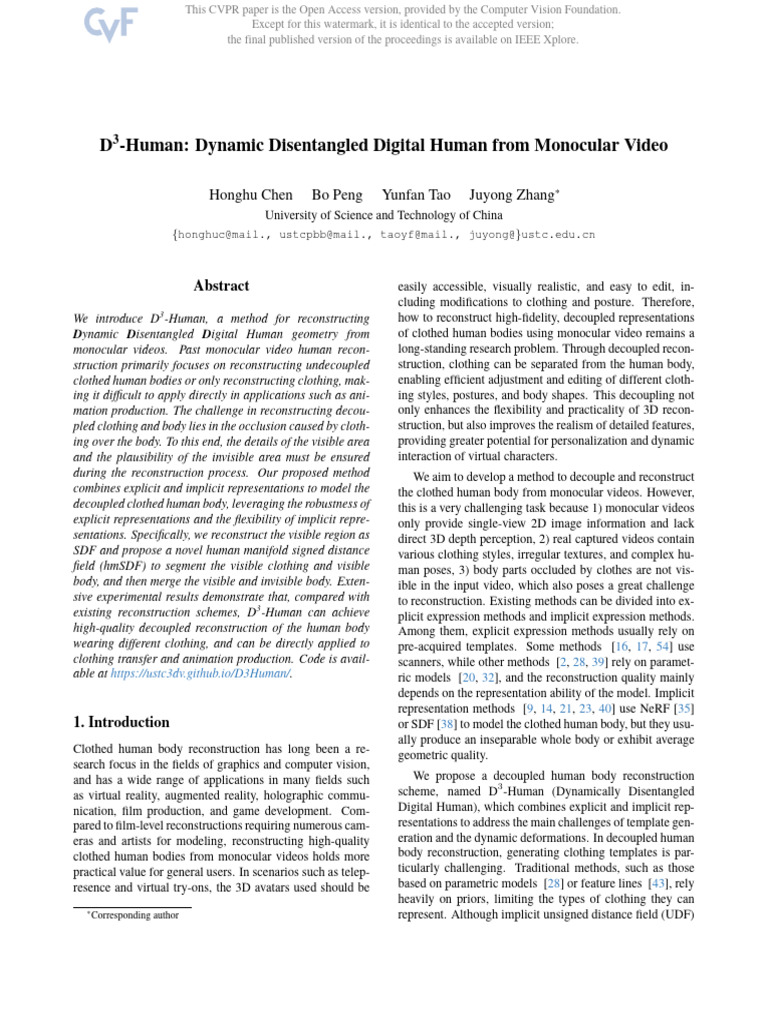 Chen D3-Human Dynamic Disentangled Digital Human From Monocular Video CVPR 2025 Paper | PDF ...