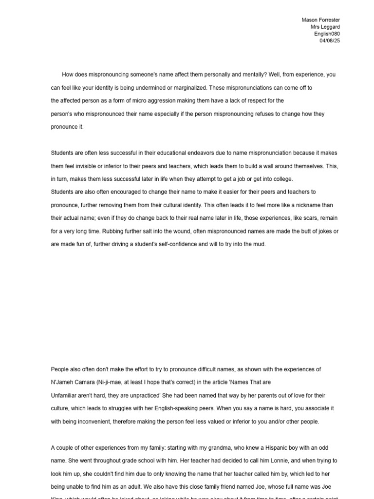 How Does Mispronouncing Names Effect Students by Mason Forrester | PDF ...