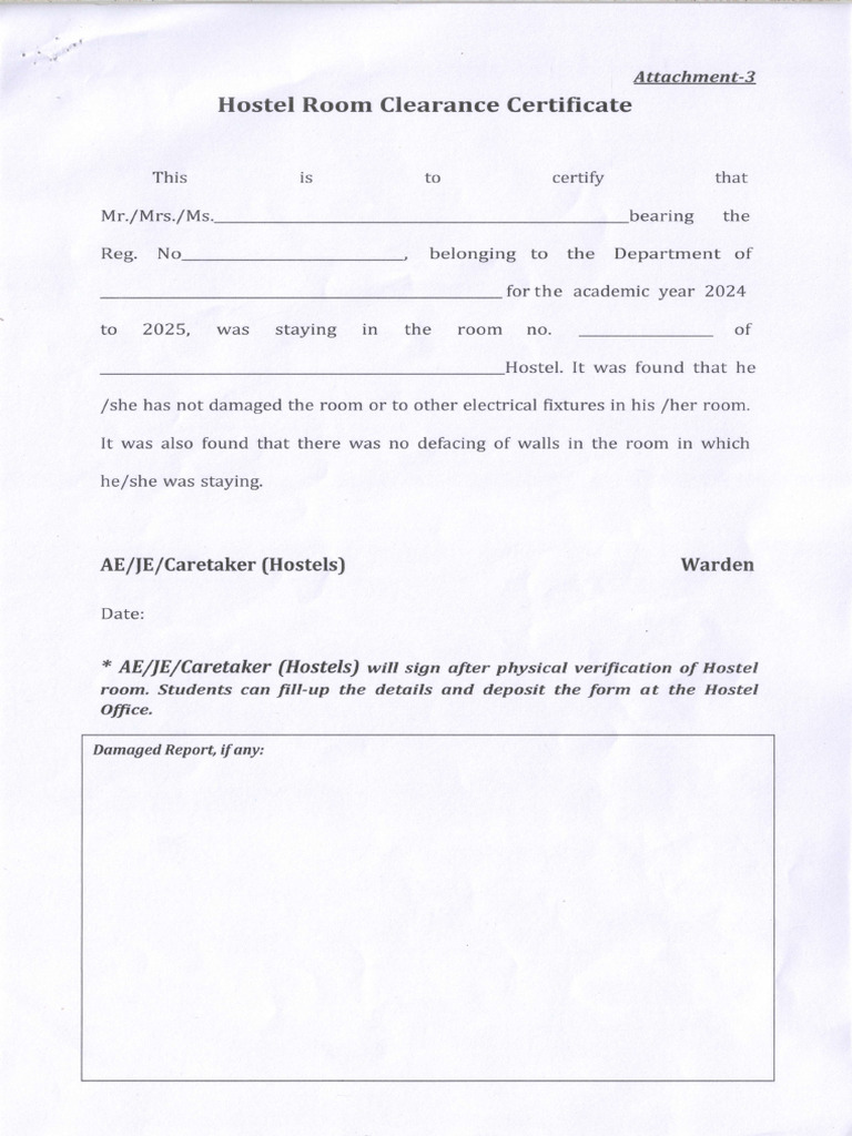 Attachment3 Filled in Hostel Clearance Certificate | PDF