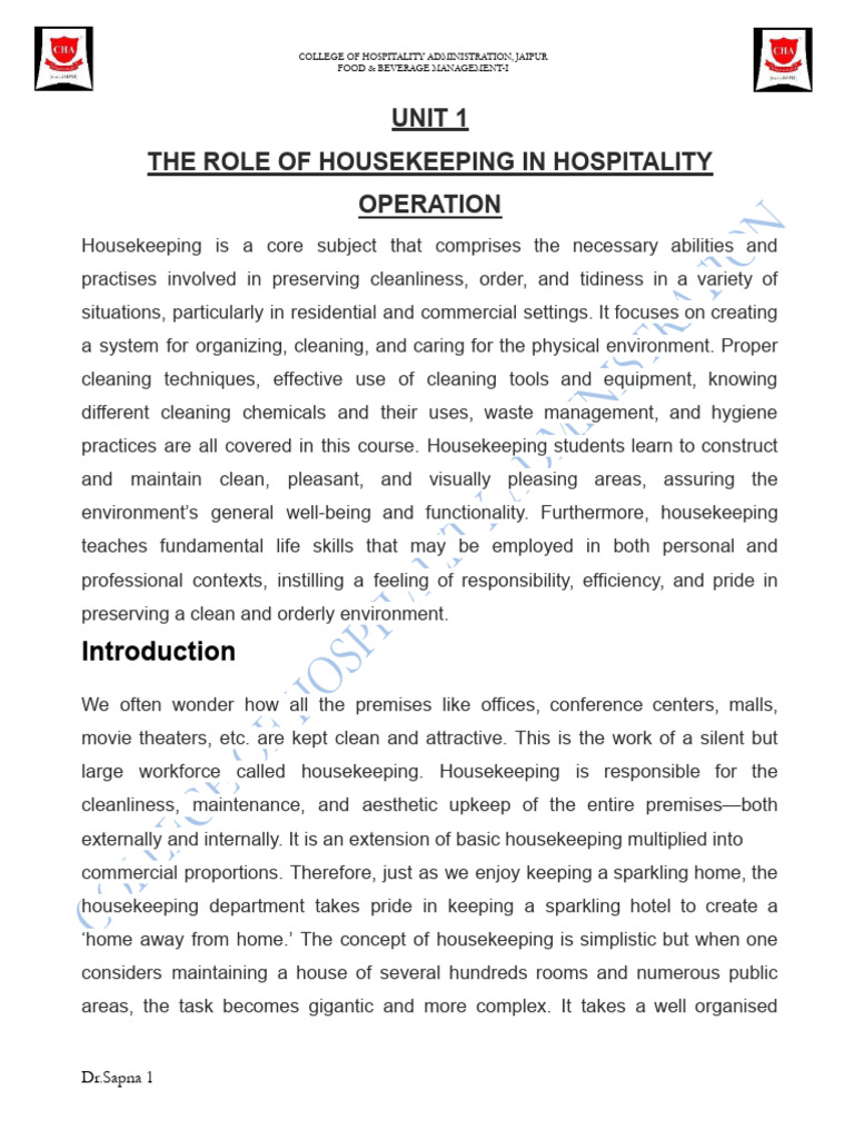Housekeeping Unit 1 | PDF | Housekeeping | Hotel