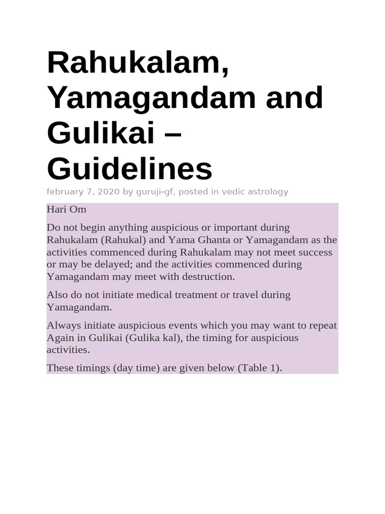 Rahukalam Yamagandam and Gulikai - Guidelines | PDF | New Age Practices ...