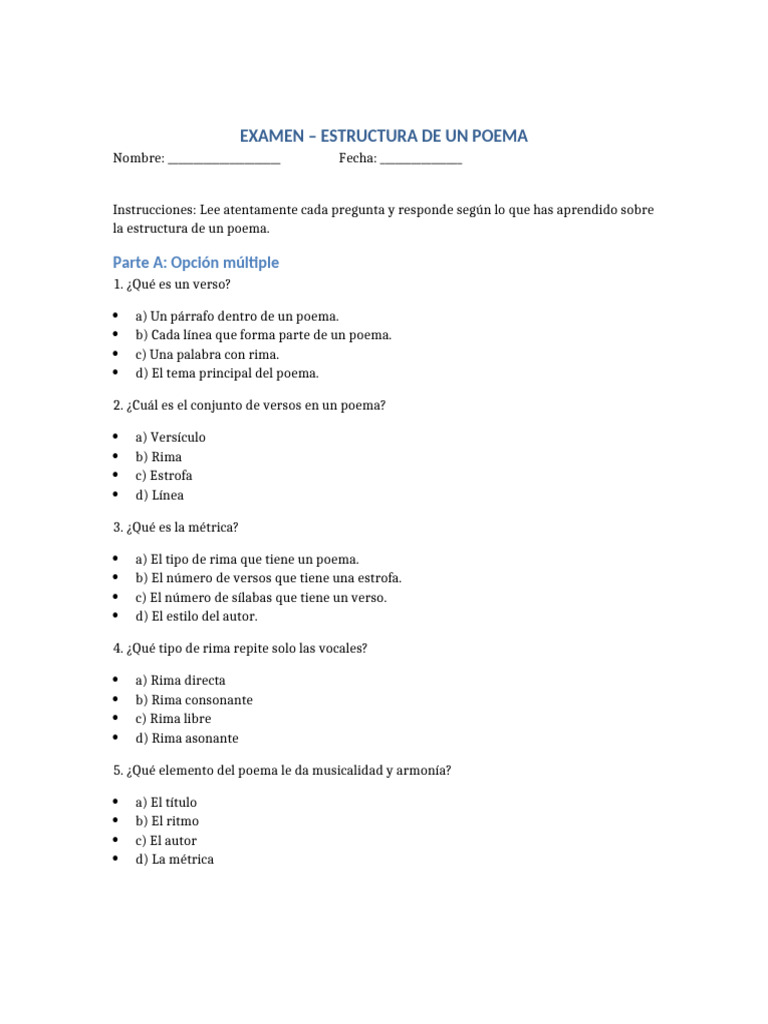 Examen Estructura Poema | PDF