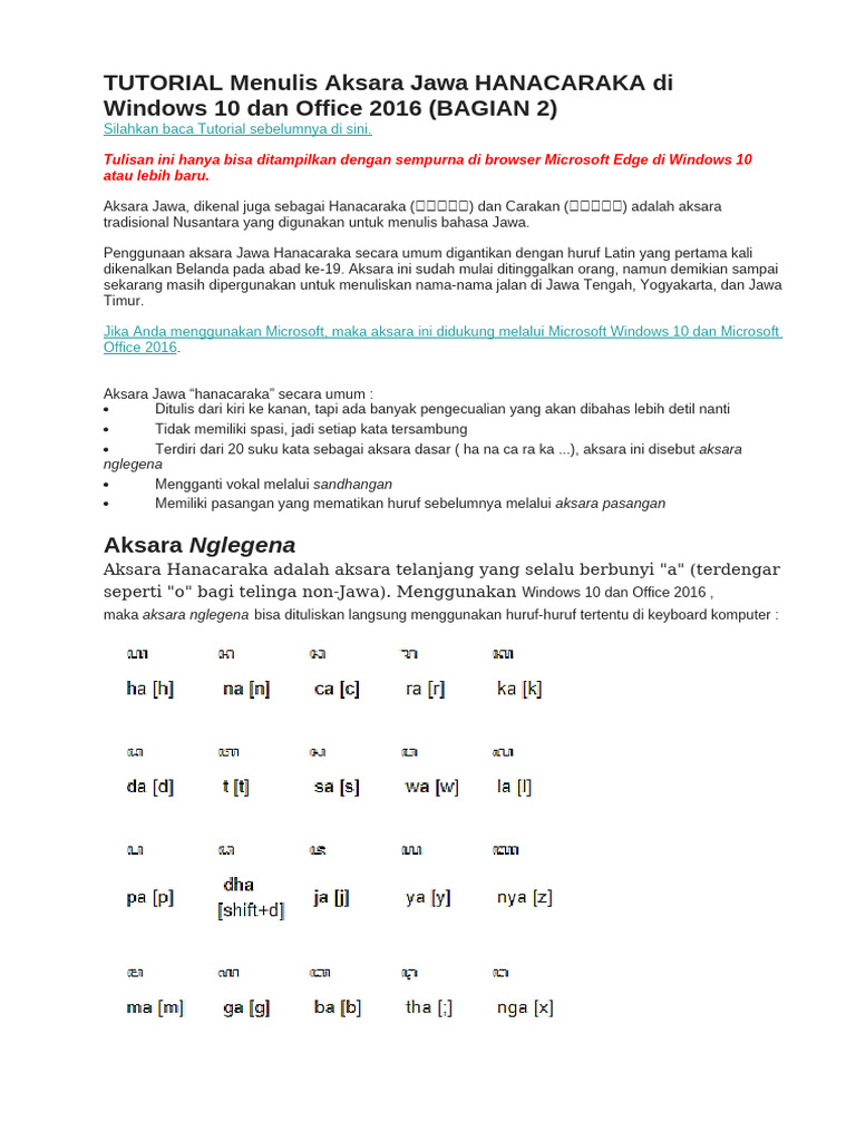 TUTORIAL Menulis Aksara Jawa HANACARAKA Di Windows 10 Dan Office 2016 | PDF