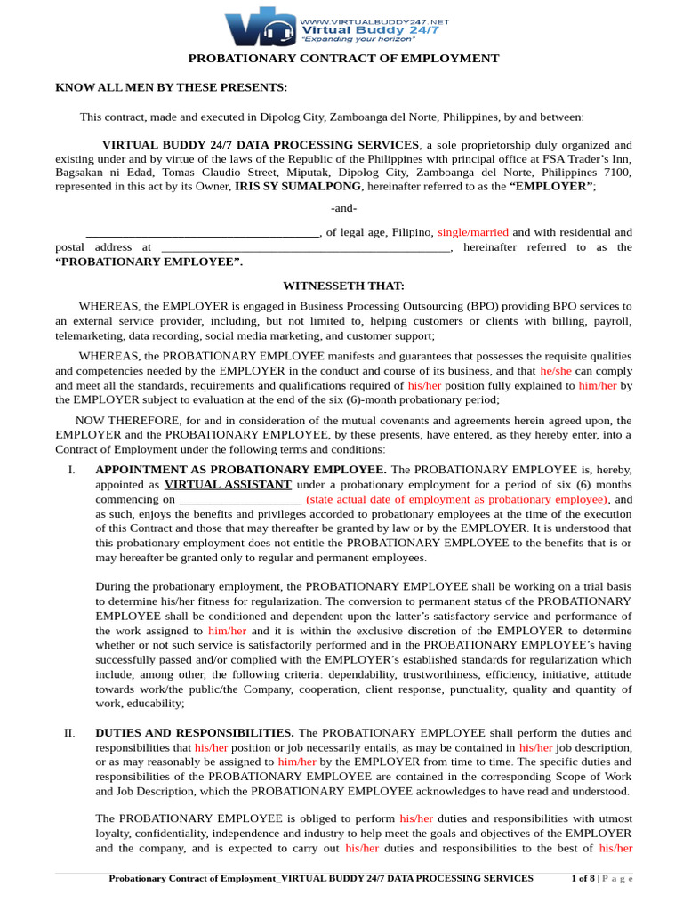 Contract of Employment PROBATIONARY | PDF | Overtime | Employment