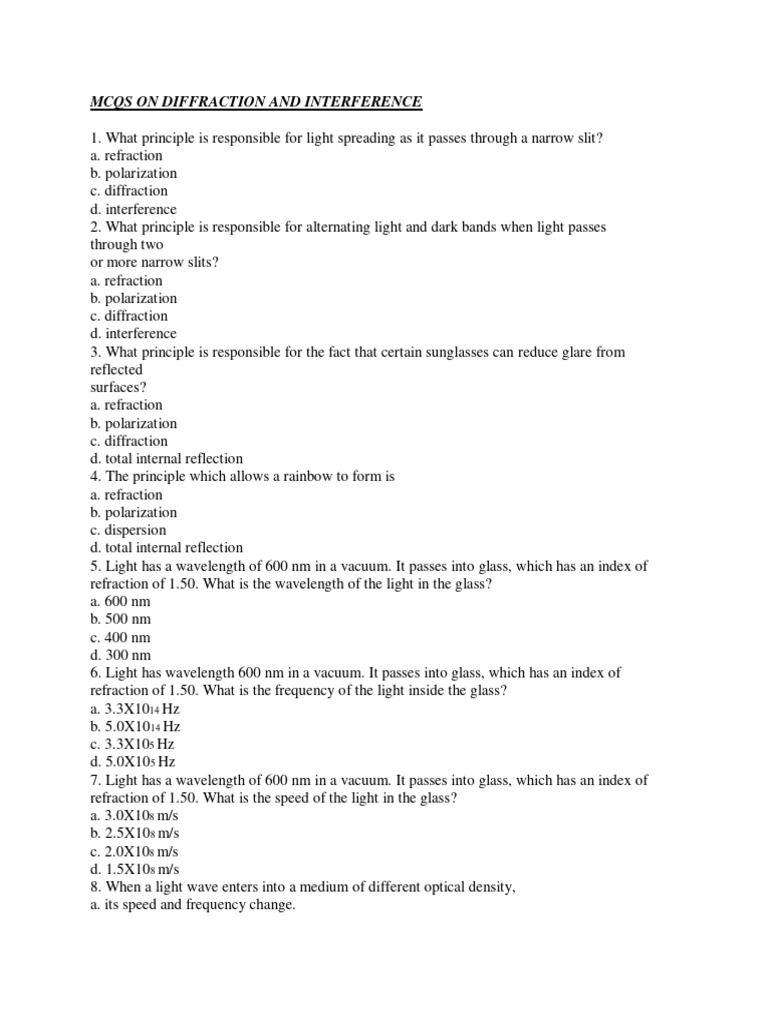 MCQS On Diffraction and Interference | PDF | Wavelength | Diffraction