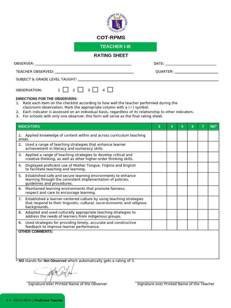 Teacher Observation Rating Sheet | PDF | Teachers | Learning