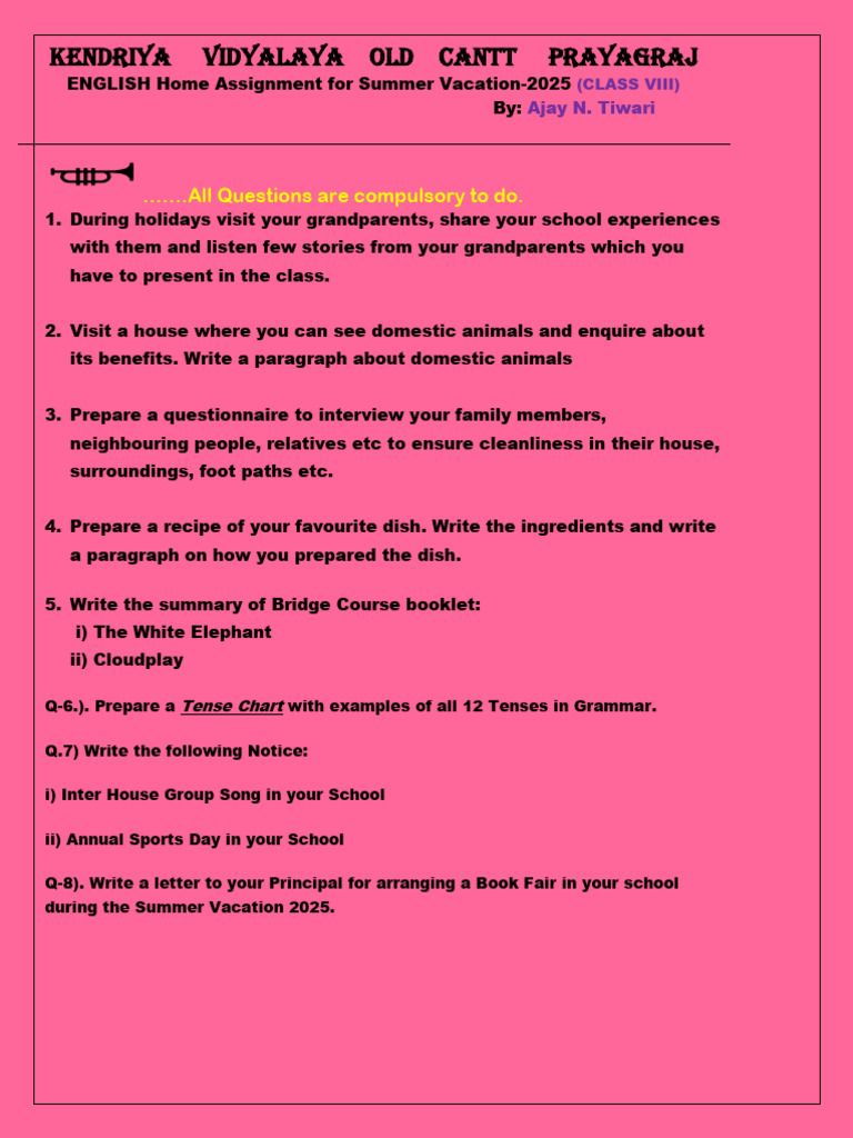 English HW Class-Viii (Summer 2025) 1 | PDF