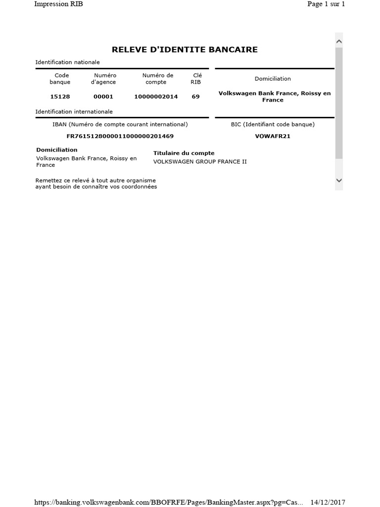 RIB Volkswagen Bank France : Informations clés | PDF