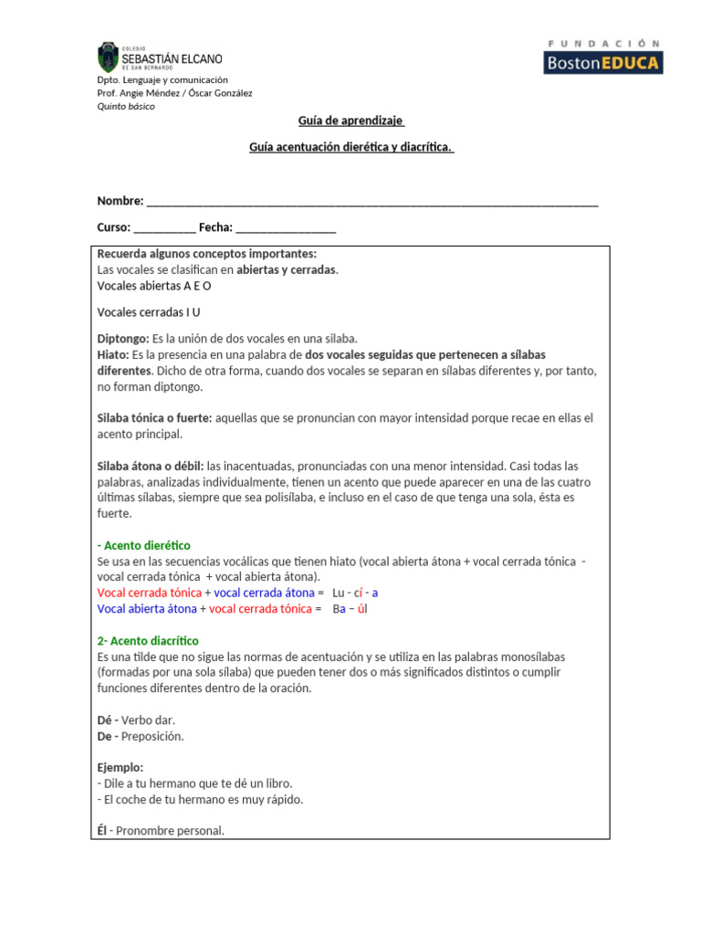 Acentuación diacrítica y dierética 5º básico | PDF | Unidades ...