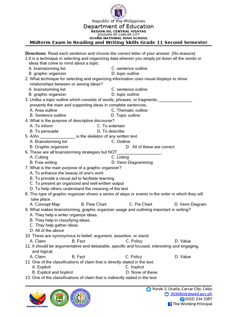Grade 11 Midterm Exam: Reading & Writing | PDF | Communication | Discourse