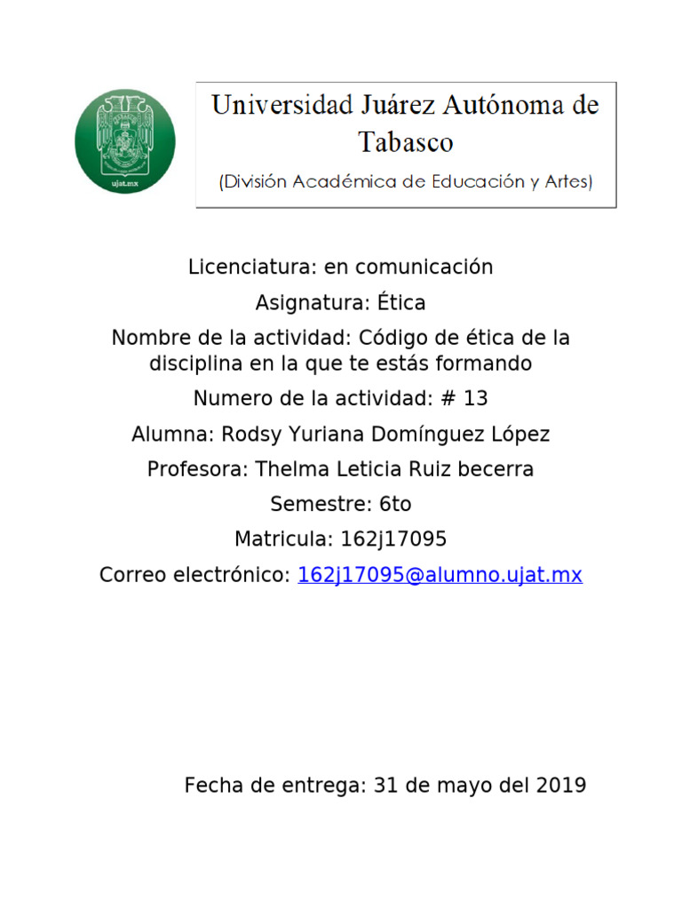 162j17095 Domínguez López Rodsy Yuriana U3 A13 | PDF | Moralidad | Verdad