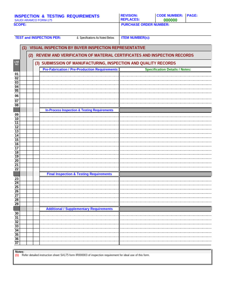 Inspection & Testing Requirements: Revision: Replaces: Code Number ...