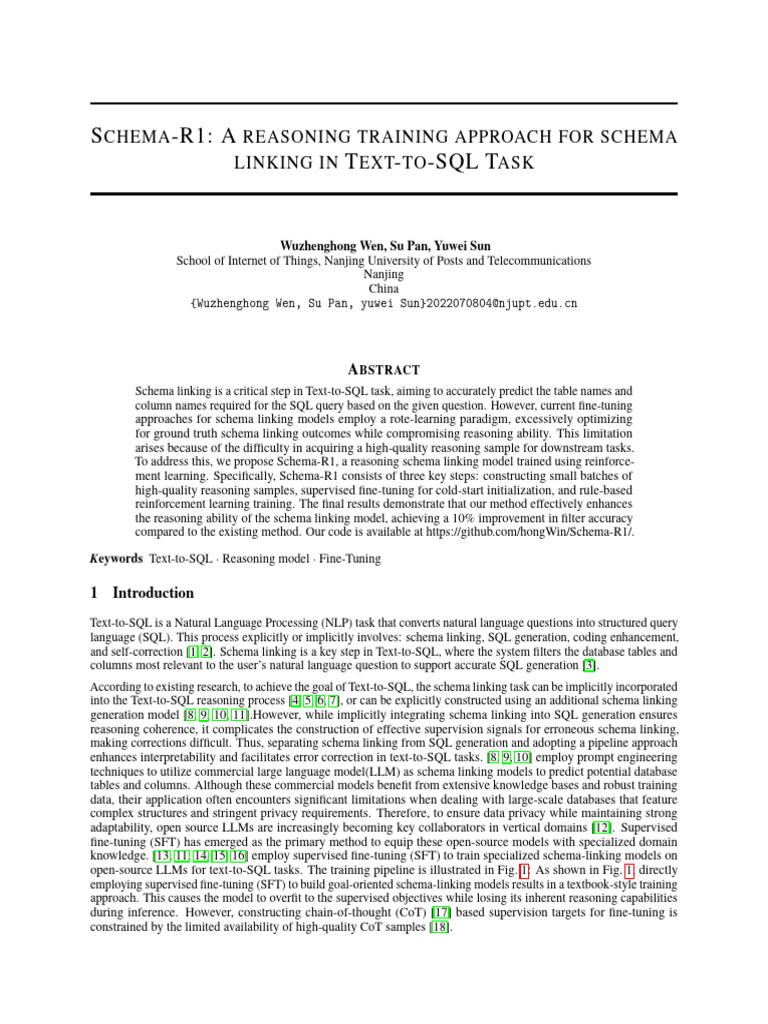 Schema-R1: A Reasoning Training Approach For Schema Linking in Text-To-Sql Task | PDF | Databases