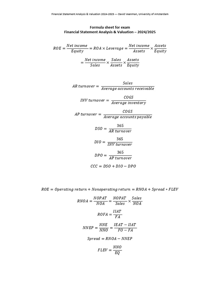 2025 Exam Formula Sheet | PDF | Revenue | Valuation (Finance)