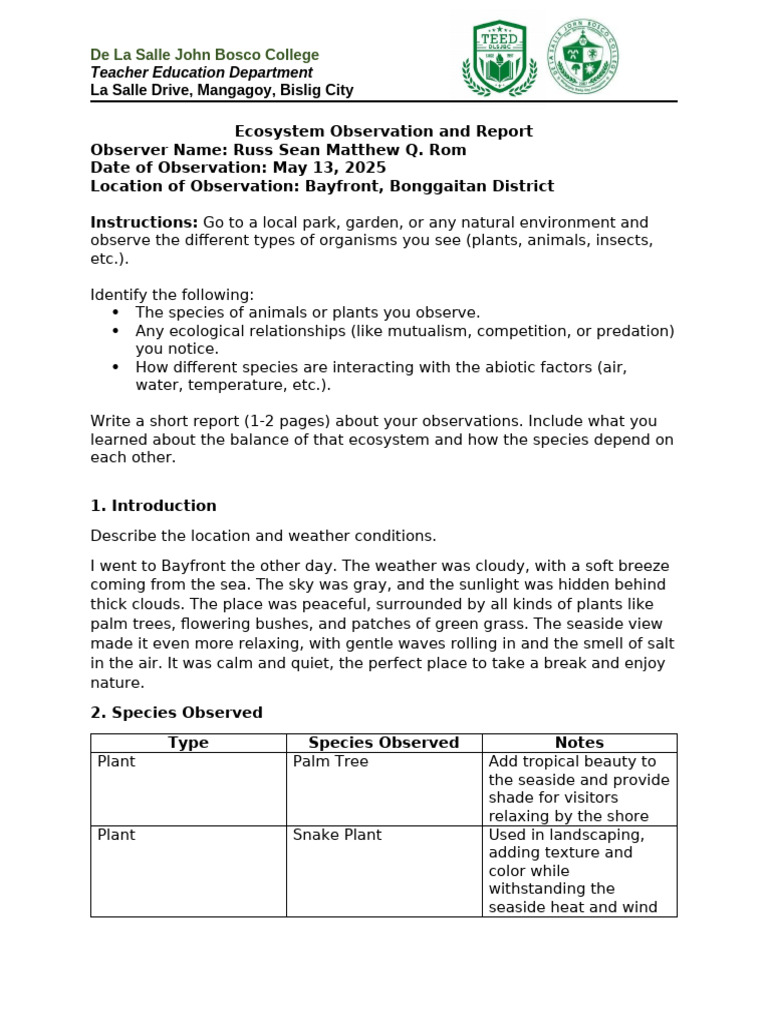 ASSIGNMENT - Ecosystem Observation and Report | PDF | Plants | Ecosystem