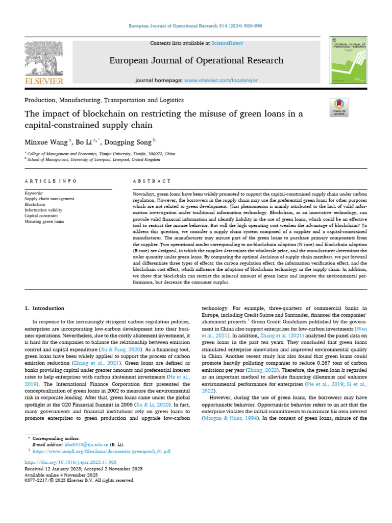 European Journal of Operational Research: Minxue Wang, Bo Li, Dongping ...