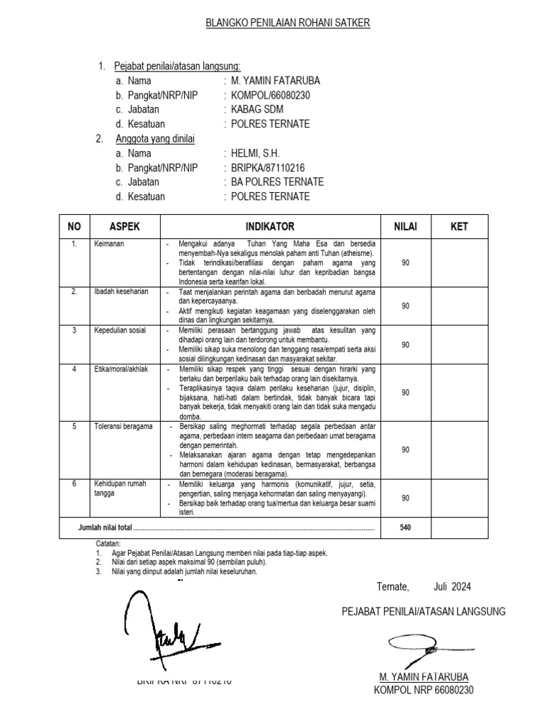 Blangko Penilaian Rohani Satker Abng Helmi | PDF