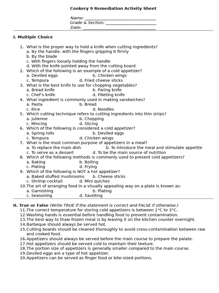 Cookery 9 Remediation Activity Sheet | PDF | Hors D'oeuvre | Cooking