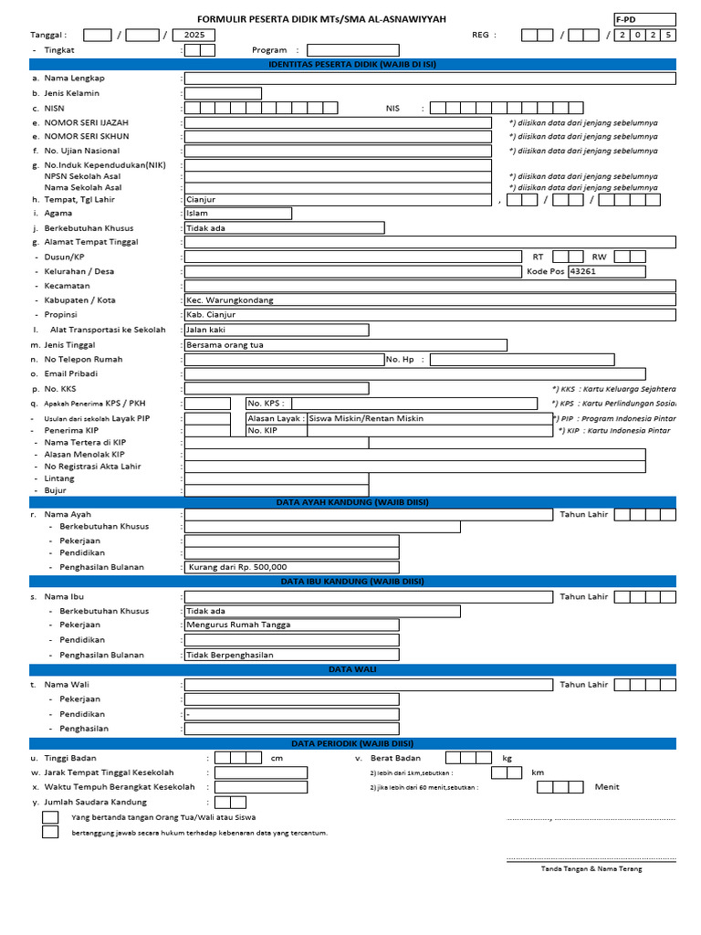 Formulir SPMB 2025-2026 TK, MDT, Mts - Sma, Al-Asnawiyyah | PDF