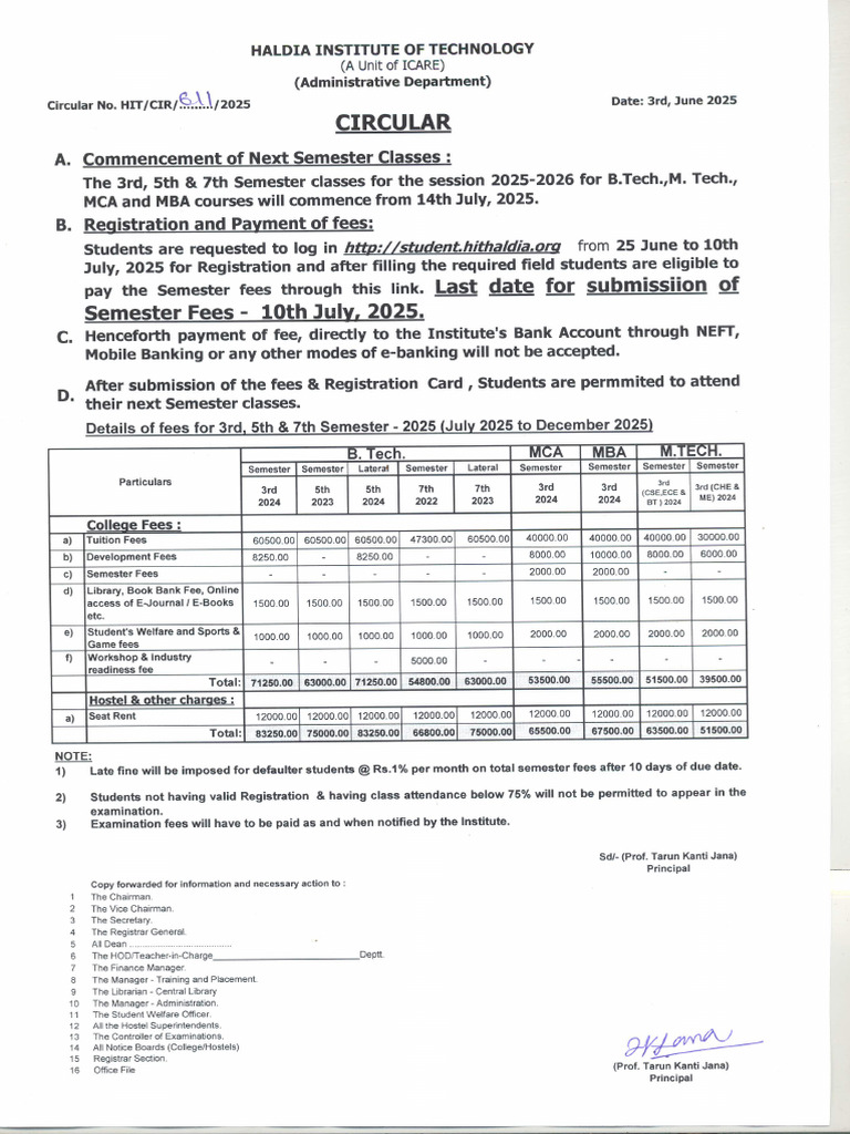 Commencement of Class and Fees 3rd 5th 7th Sem 2025 | PDF